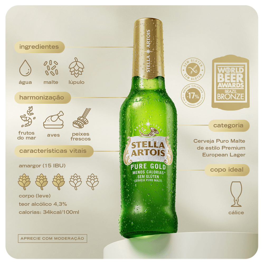 Cerveja Stella Artois Pure Gold Sem Glúten Long Neck 330ml